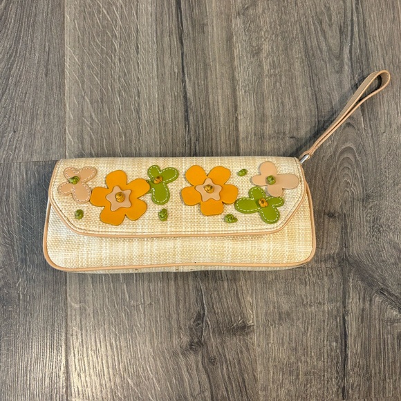 Cole Haan | Bags | Cole Haan Straw Clutch Purse Floral Embellished ...